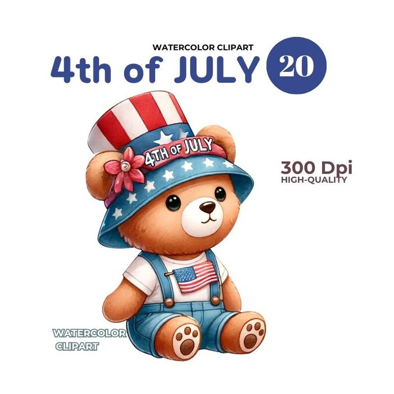 4th of July Watercolor Clipart Set, Cute Patriotic Bear Illustrations ...