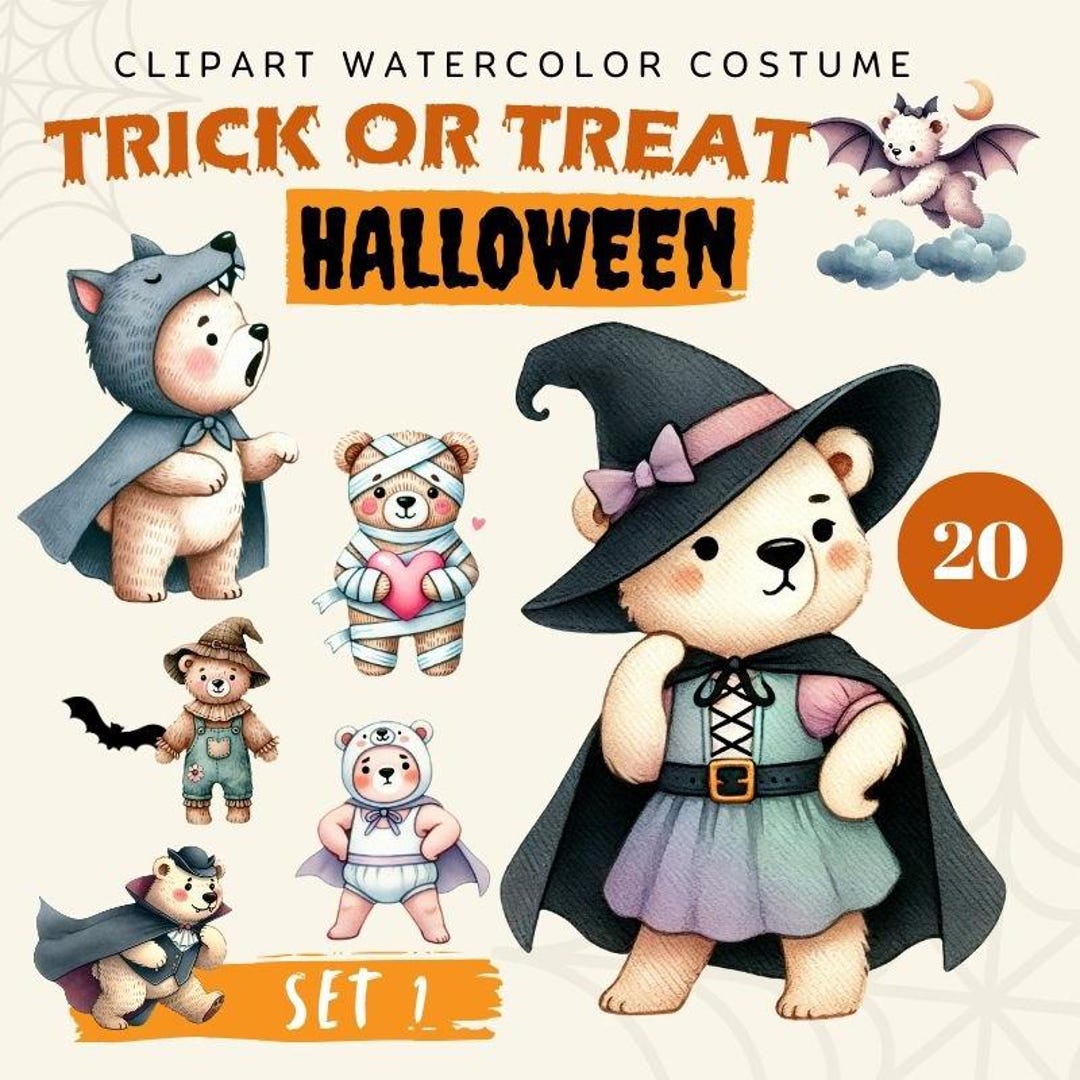 Halloween Watercolor Clipart Cute Bear for Invitation Spooky Costume ...