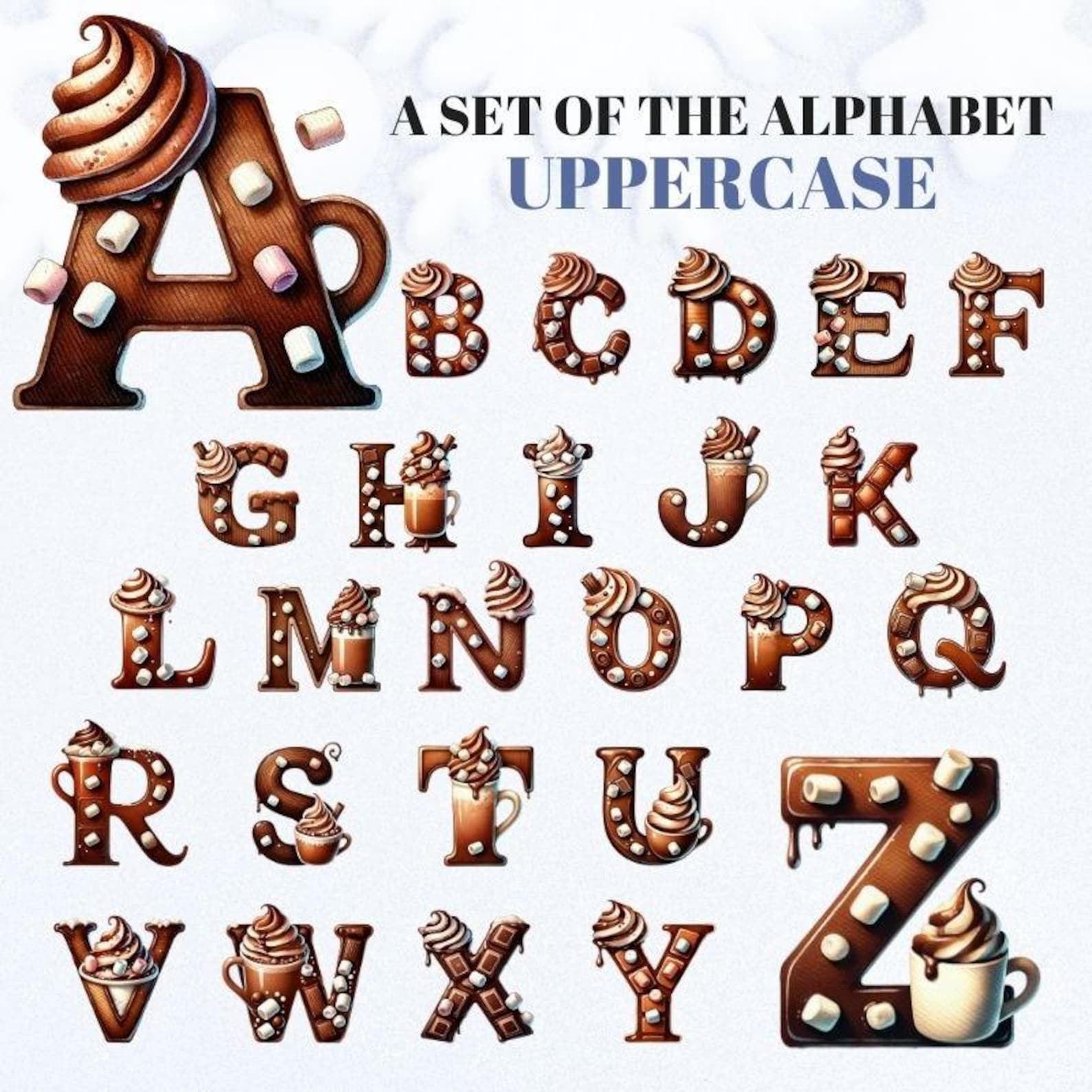 Hot Cocoa Alphabet Clipart Set With Marshmallows, Chocolate Theme 300 ...