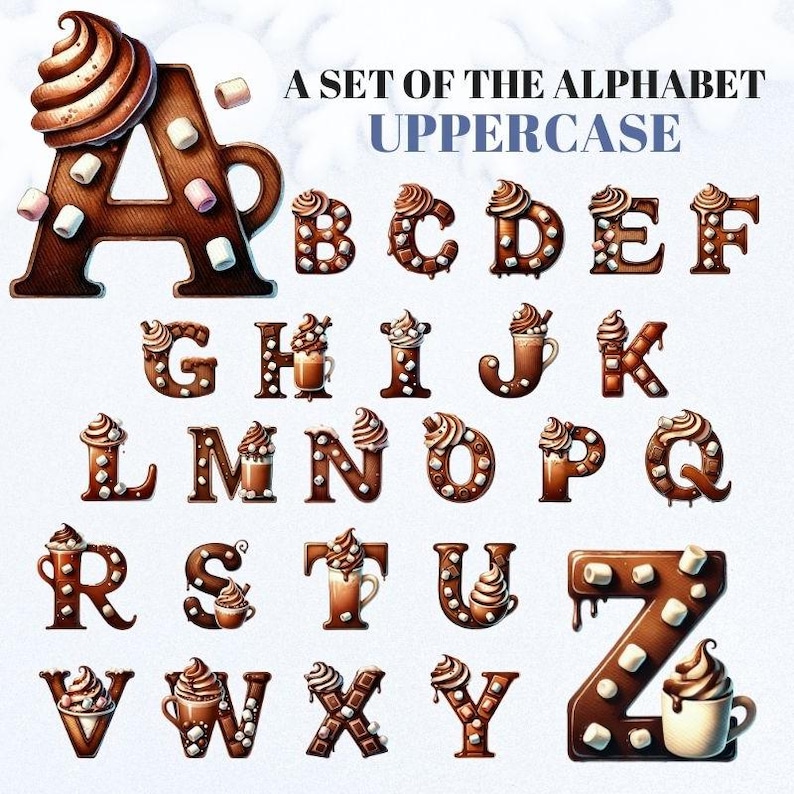 Hot Cocoa Alphabet Clipart Set With Marshmallows, Chocolate Theme 300 ...