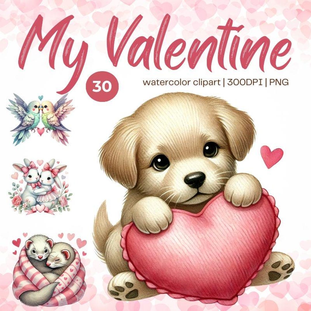 Valentines Day Watercolor Clipart Cute Animals Holding Hearts, Love ...