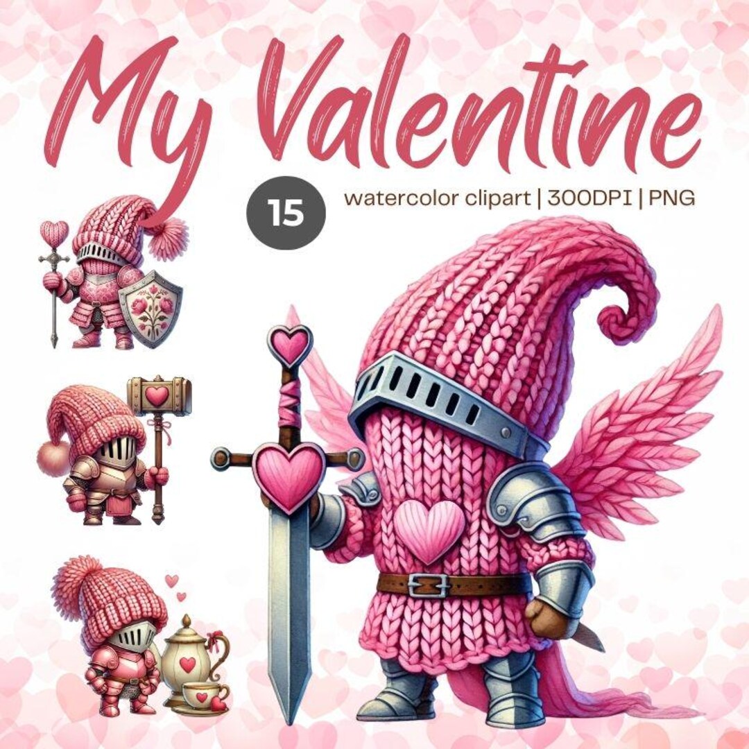 Valentine’s Day Watercolor Clipart - Pink Knit Knight, Heart Sword ...