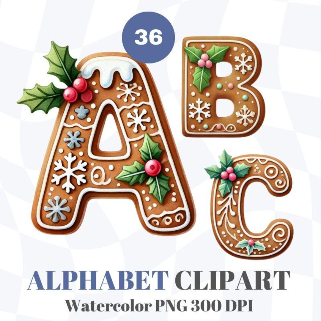 Gingerbread Christmas Alphabet Clipart With Holly and Snowflakes ...