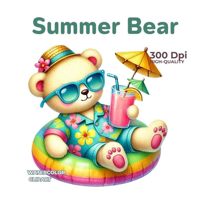Watercolor Summer Butter Bear Clipart Set - Cute Vacation Graphics ...