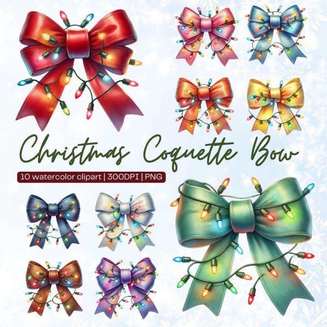 Christmas Coquette Bow Clipart Set With Holiday Lights for DIY Crafts ...