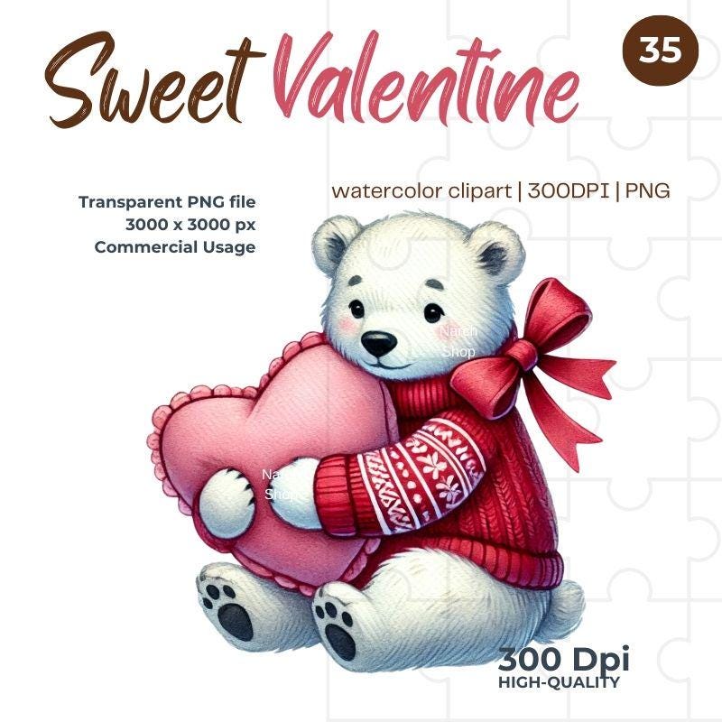 Valentine's Day Polar Bear Clipart Cute Watercolor Bear PNG, Love Bear ...