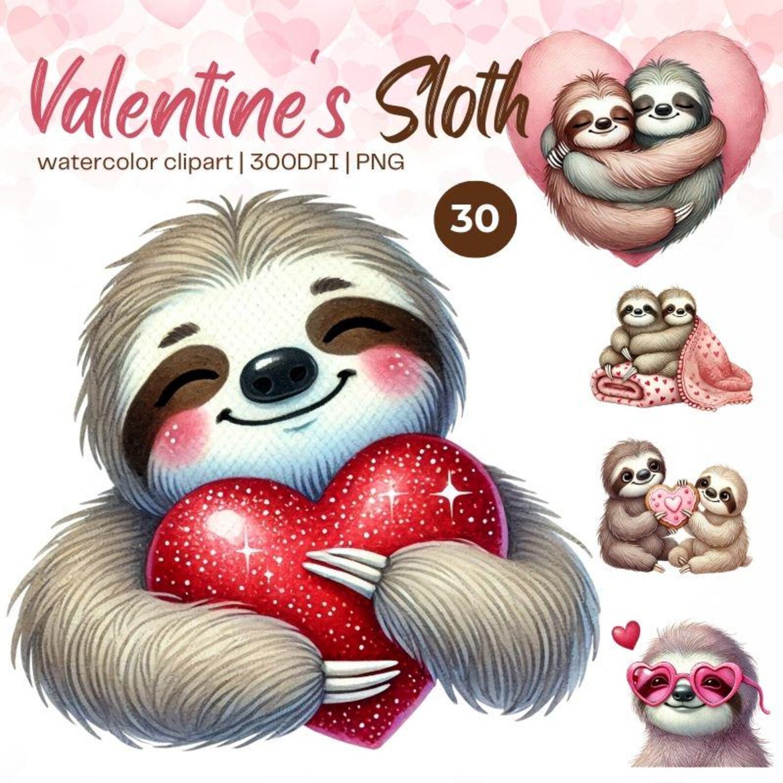 Valentine's Day Sloth Clipart, Cute Watercolor Sloth PNG Romantic Love ...