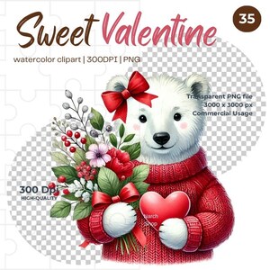 Valentine's Day Polar Bear Clipart Cute Watercolor Bear PNG, Love Bear ...