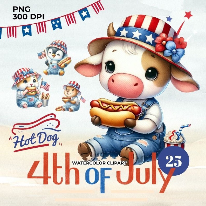 4th of July Watercolor Clipart Bundle, Cute Patriotic Animal ...