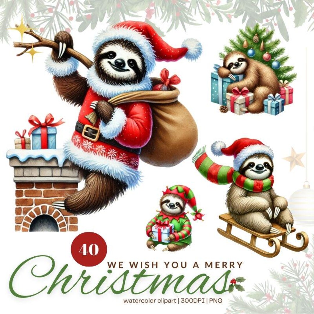Christmas Sloth Watercolor Clipart for Festive Crafts Perfect for ...