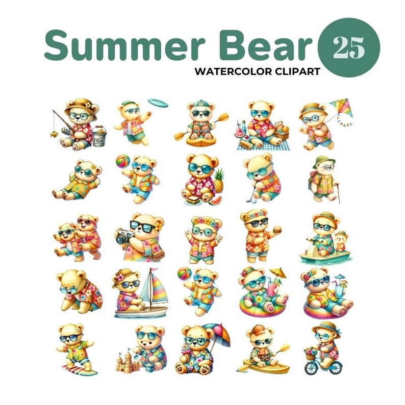 Watercolor Summer Butter Bear Clipart Set - Cute Vacation Graphics ...