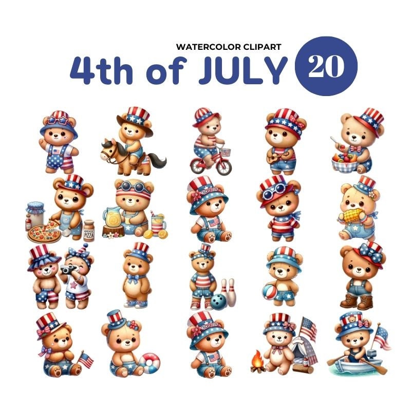 4th of July Watercolor Clipart Set, Cute Patriotic Bear Illustrations ...