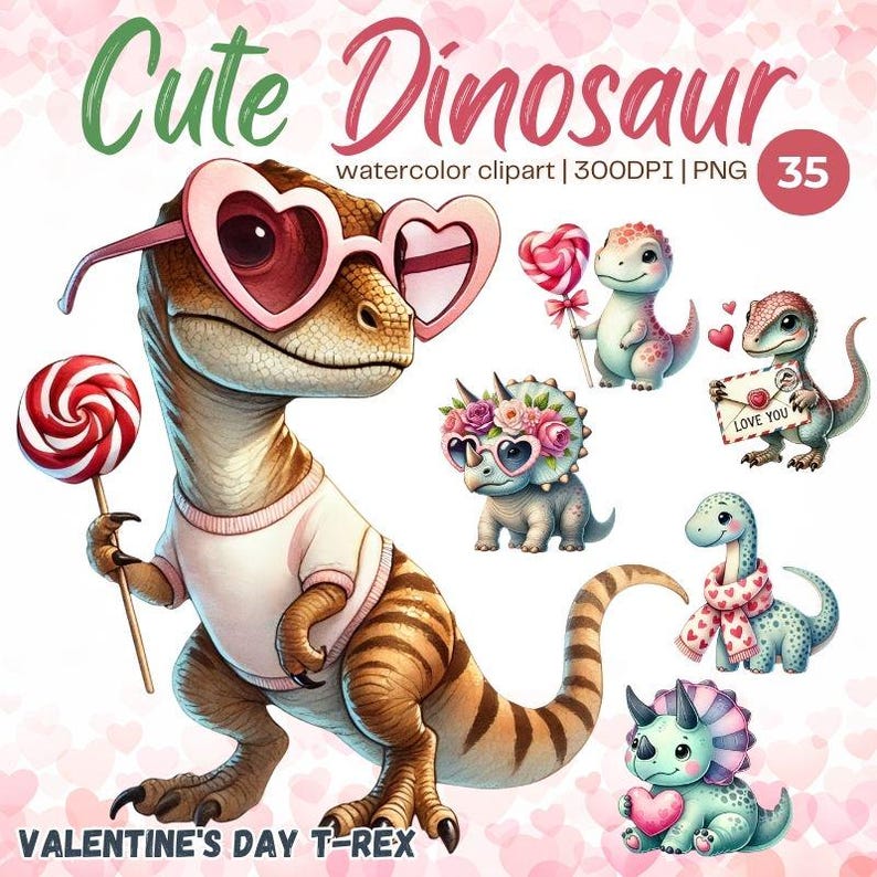 Cute Valentine's Day Dinosaur Clipart Set, Watercolor T-rex and Baby ...