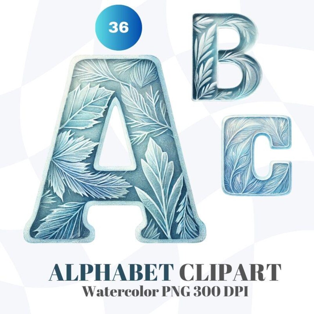 Winter Ice Blue Watercolor Alphabet Clipart With Leafy Patterns PNG 300 ...
