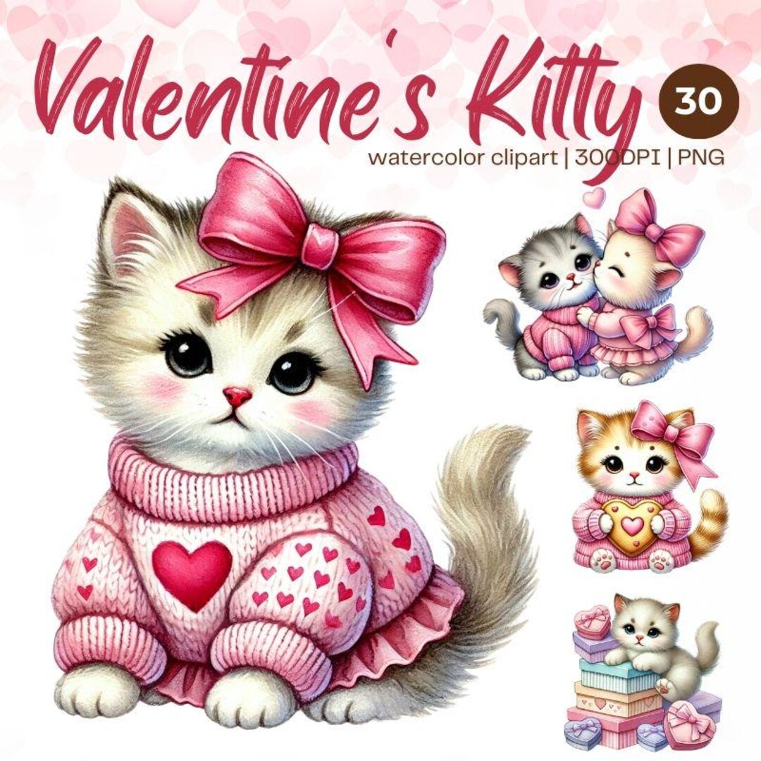 Valentine's Kitty Watercolor Clipart Cute Cat PNG 30 Digital Images ...