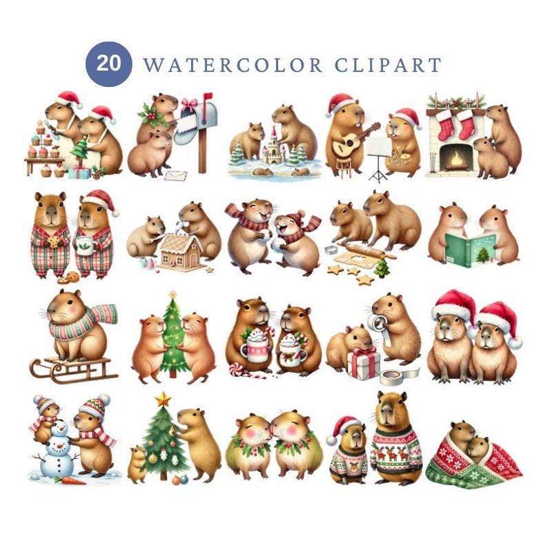 Christmas Capybara Clipart Watercolor PNG for Festive Scrapbooking and ...
