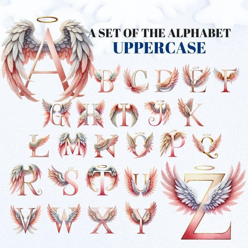 Angel Wings Alphabet Clipart: Celestial Letters & Numbers PNG (digital ...