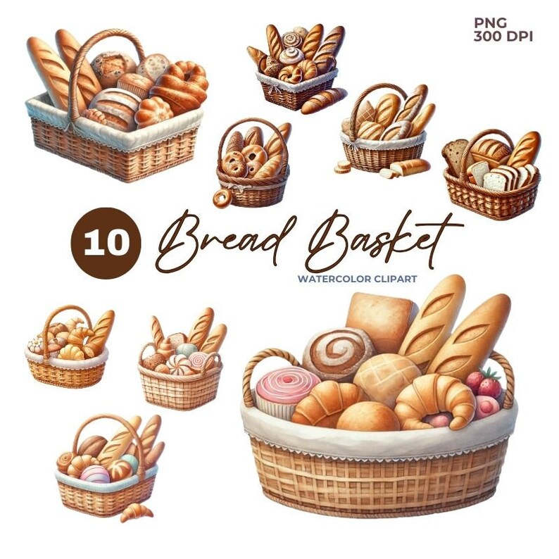Bread Basket Watercolor Clipart Set, PNG High-resolution Bakery Basket ...