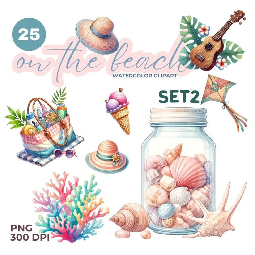 25 Watercolor Beach Clipart Set - Summer Vacation Graphics - Tropical ...