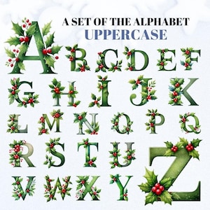 Holly Christmas Alphabet Clipart Set With Watercolor Design for Holiday ...