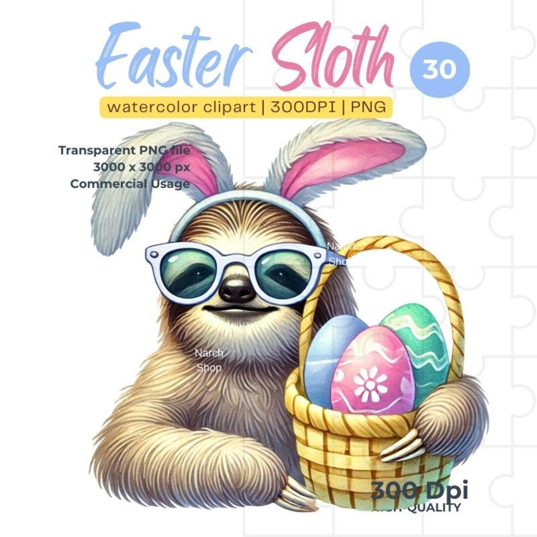 Easter Sloth Watercolor Clipart, Cute Sloth PNG Digital Download ...