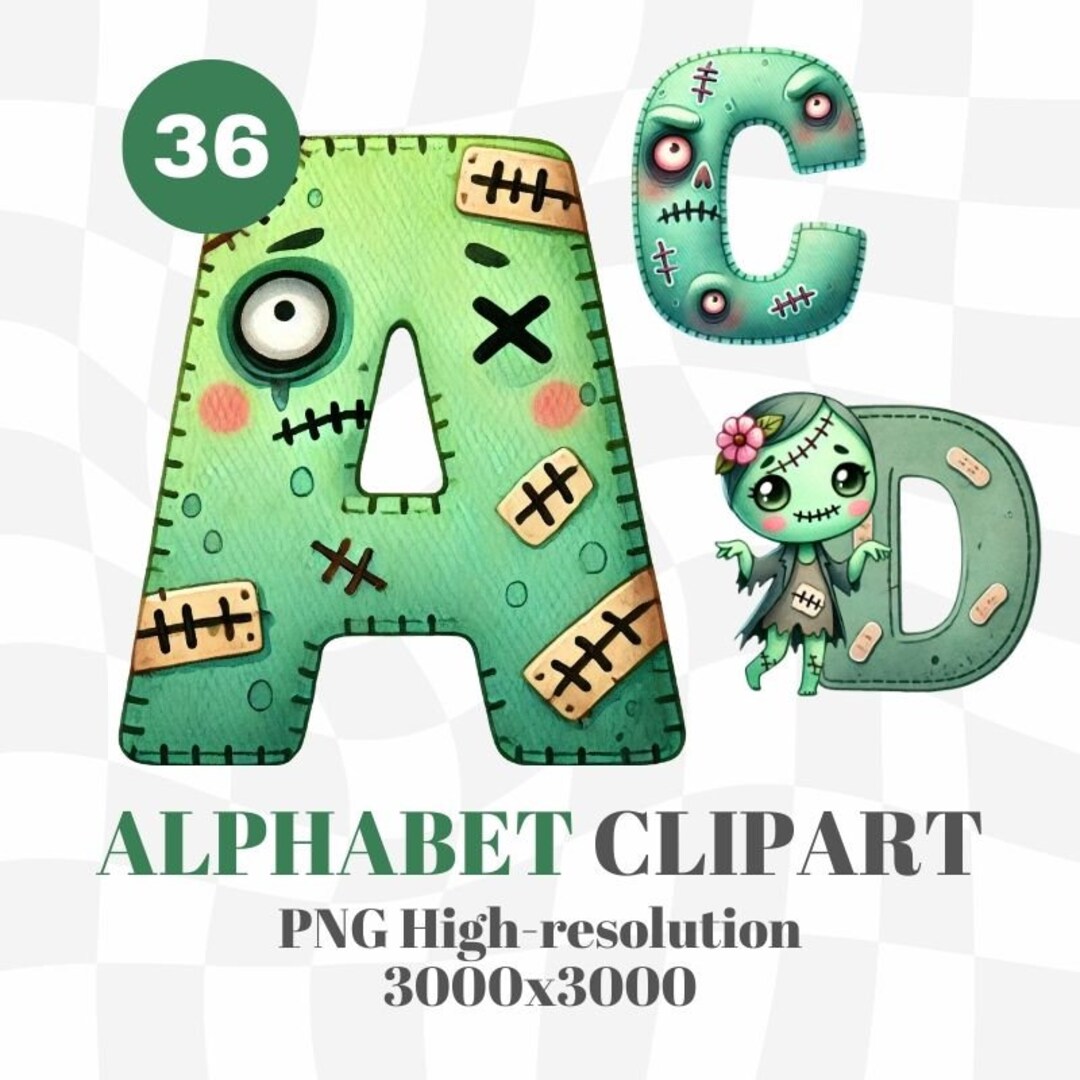 Cute Zombie Alphabet Clipart Watercolor Letters PNG for DIY Crafts ...