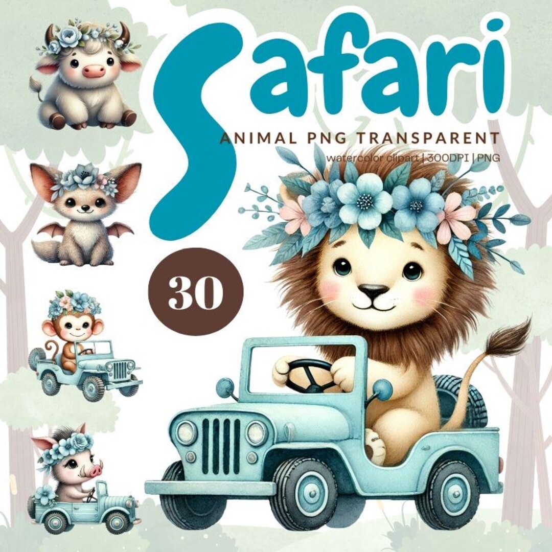 Safari Animals PNG Clipart Bundle - 30 Watercolor Cute Safari Animal ...
