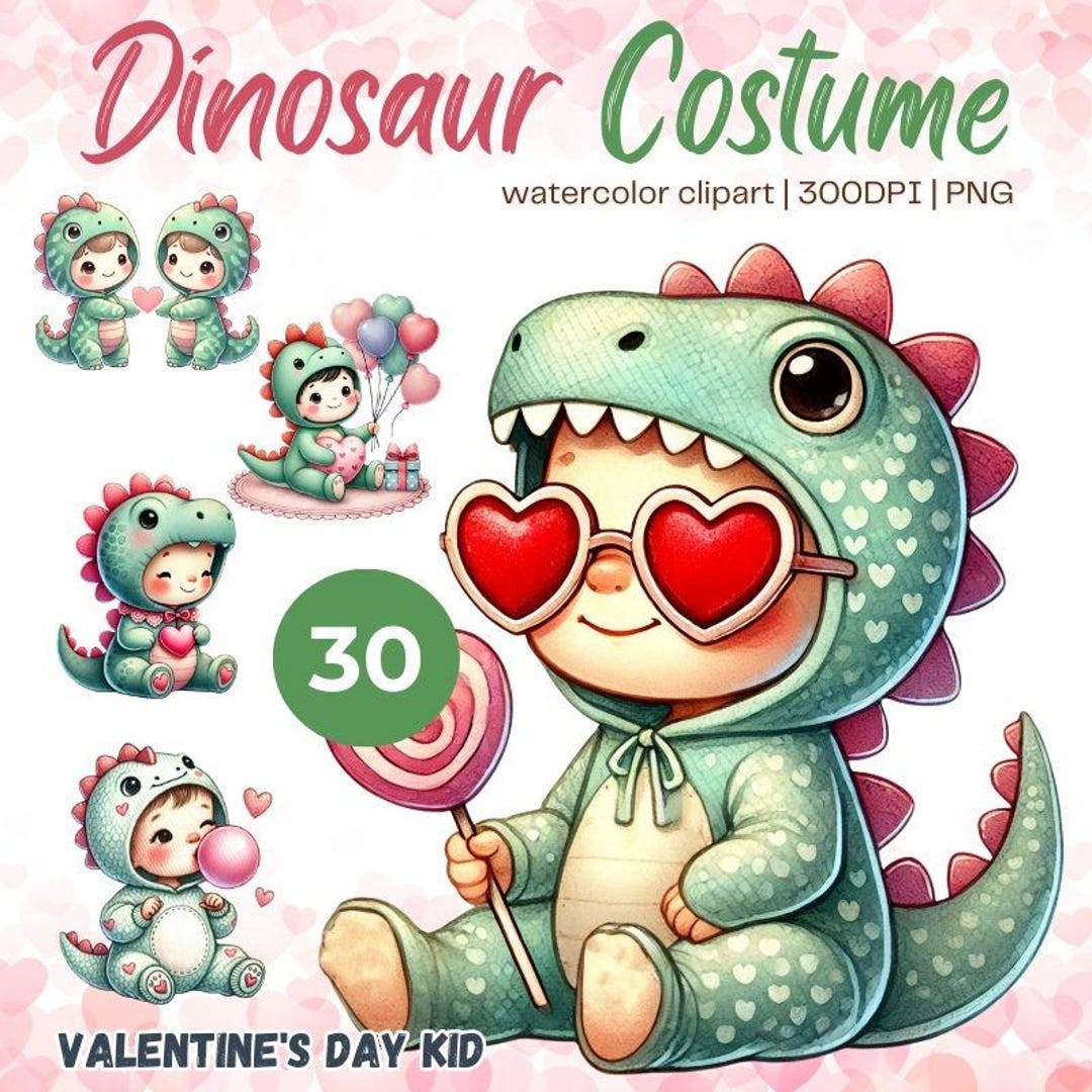 Dinosaur Costume Watercolor Clipart Set for Valentine's Day Kids Cute ...