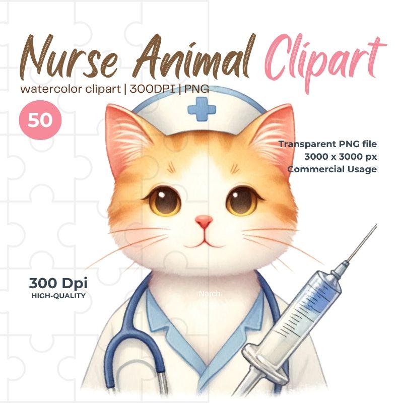 Watercolor Nurse Animal Clipart Bundle: 50 PNG Medical Illustrations ...