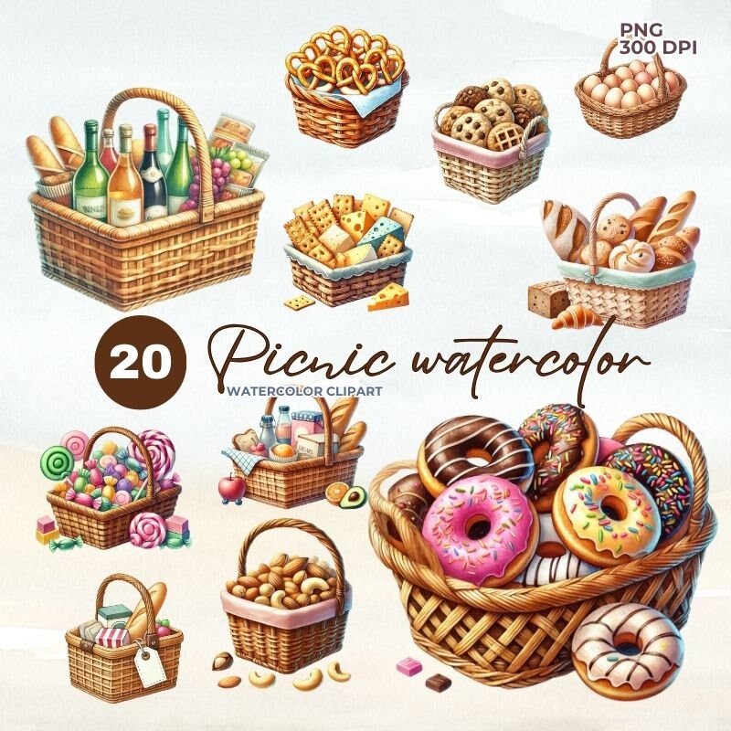 Watercolor Picnic Clipart, 28 Png Summer Picnic Basket, Spring Picnic ...