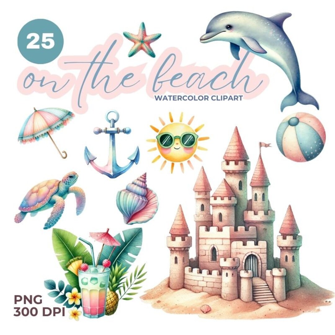Watercolor Beach Clipart Bundle - 25 PNG Elements With Beach Umbrella ...