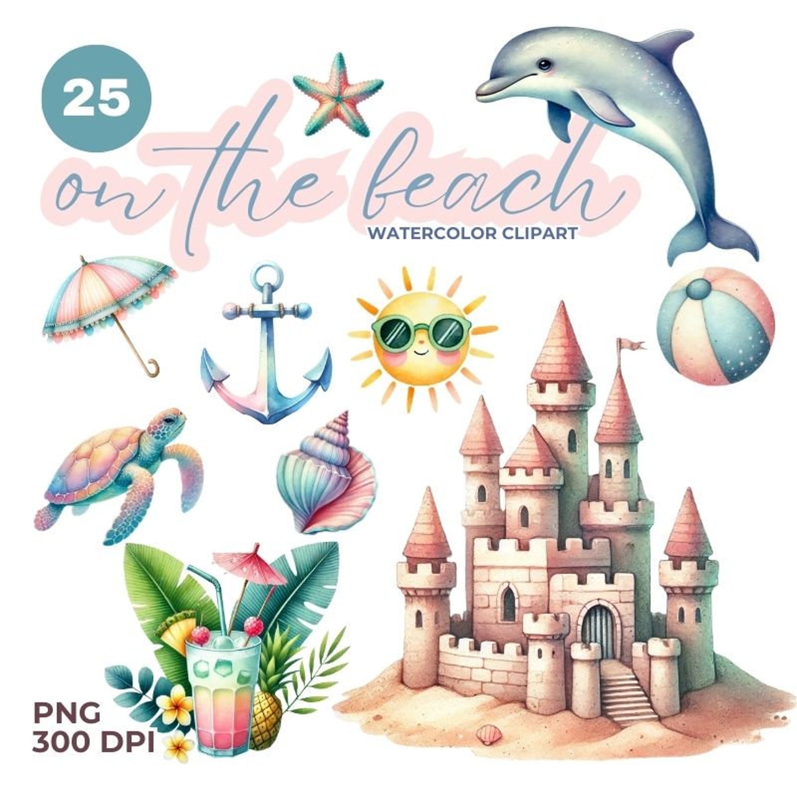 Watercolor Beach Clipart Bundle 25 PNG Elements With Beach Umbrella ...
