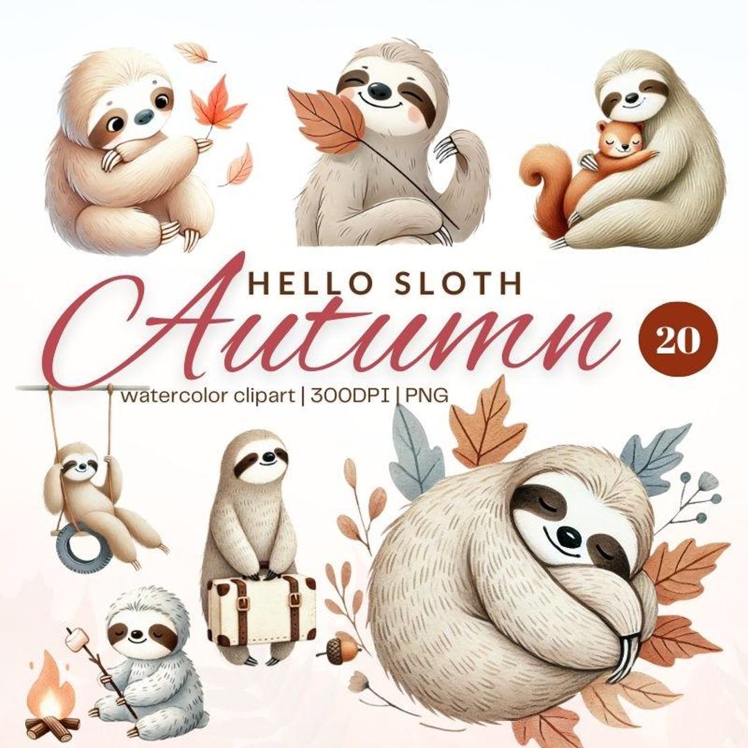 Sloth Autumn Watercolor Clipart Set for Shirt Fall Sloth PNG ...