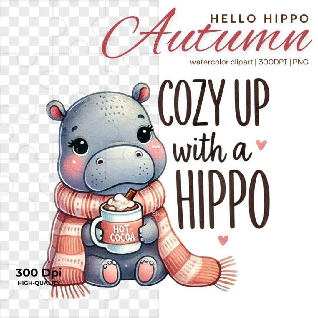 Autumn Hippo Watercolor Clipart for Shirt Design Cozy Fall Decorate ...