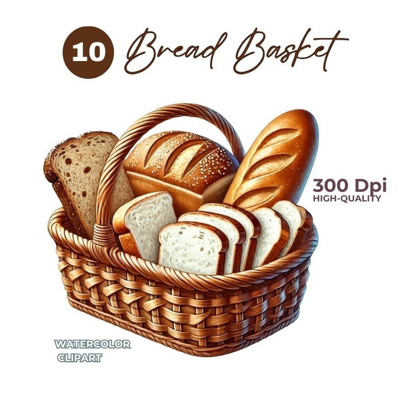 Bread Basket Watercolor Clipart Set, PNG High-resolution Bakery Basket ...