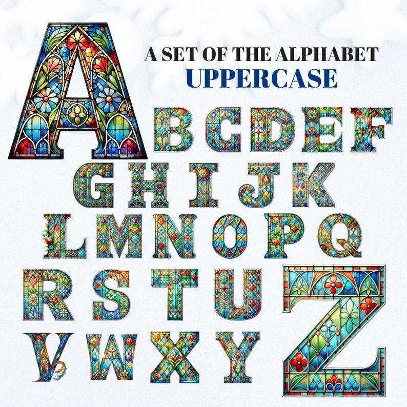 Floral Stained Glass Alphabet Letters and Numbers Clipart Set of 36 ...