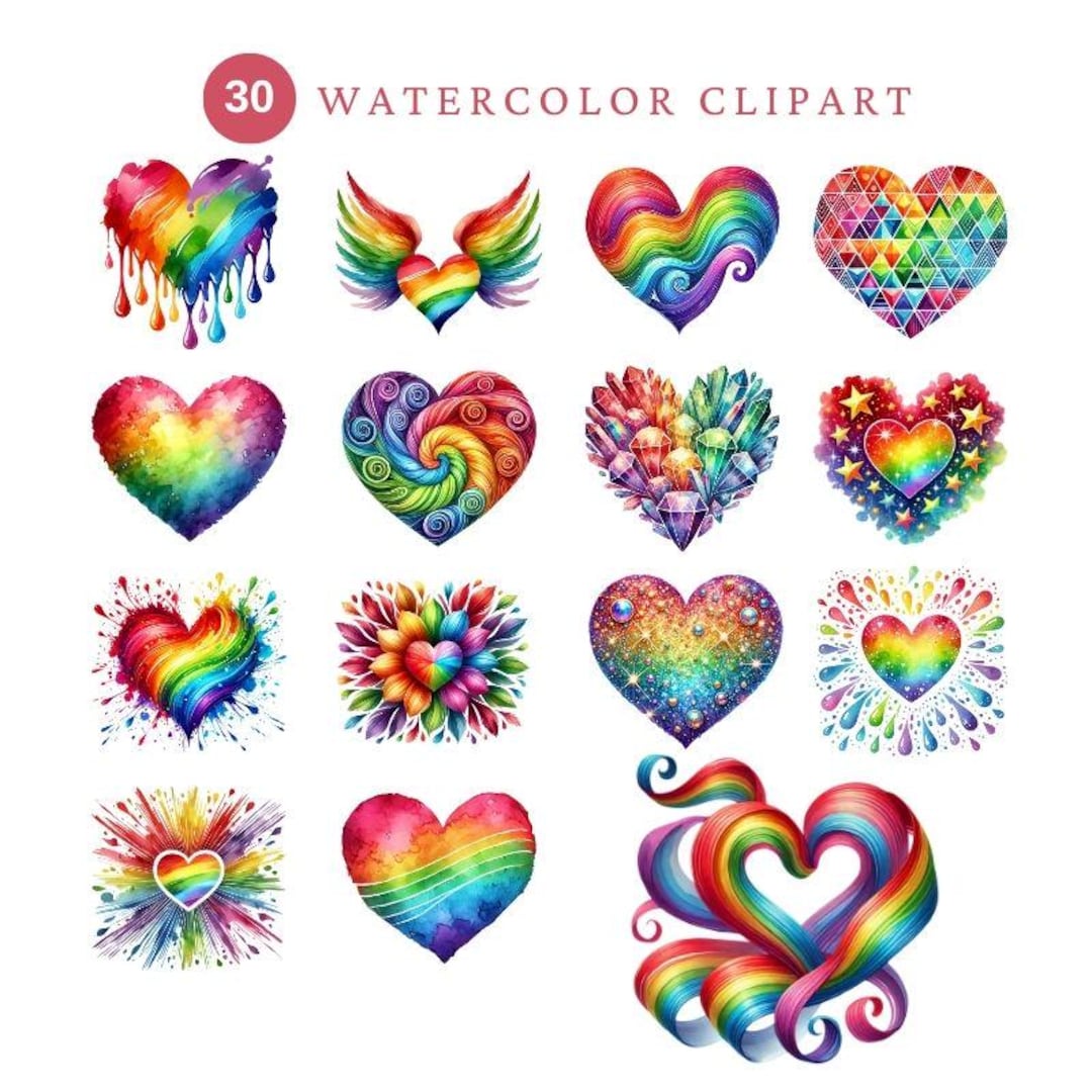 Rainbow Heart Watercolor Clipart: Valentine's Day PNG Files (digital ...