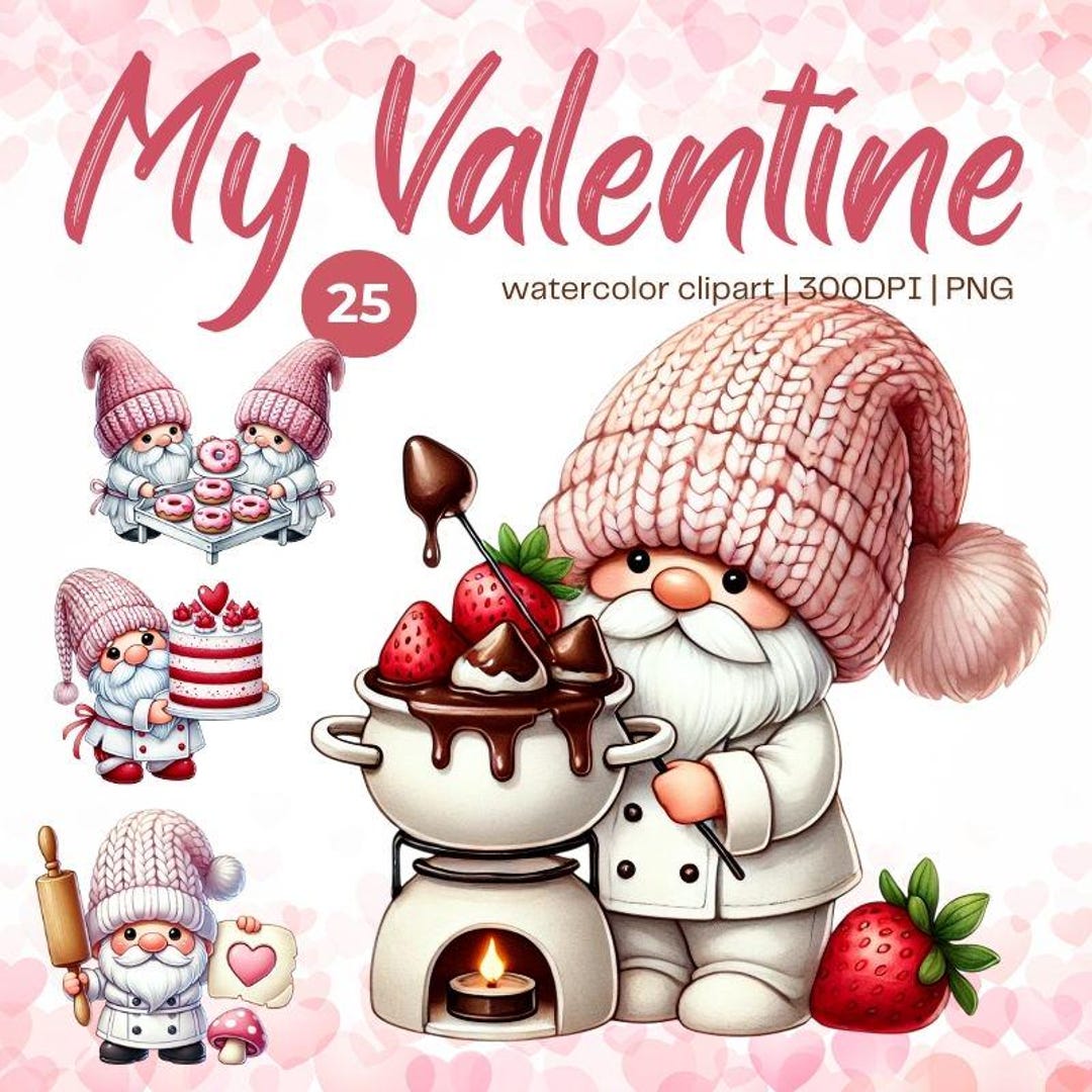 My Valentine Gnome Watercolor Clipart Adorable Valentine Gnomes Sweet ...