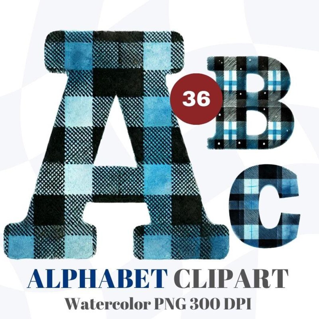 Blue Buffalo Plaid Alphabet Clipart Set - 36 Watercolor Letters PNG ...