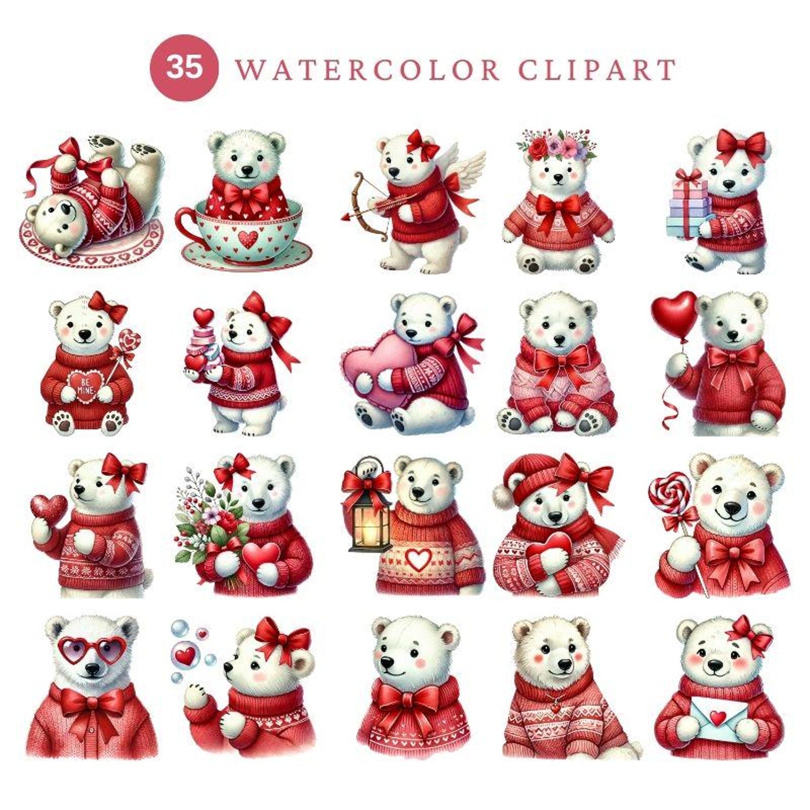 Valentine's Day Polar Bear Clipart Cute Watercolor Bear PNG, Love Bear ...