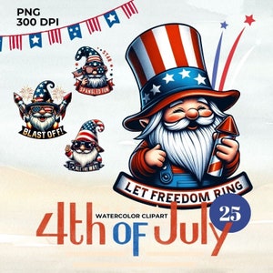 4th of July Watercolor Clipart Set, Patriotic Gnome PNG Bundle ...