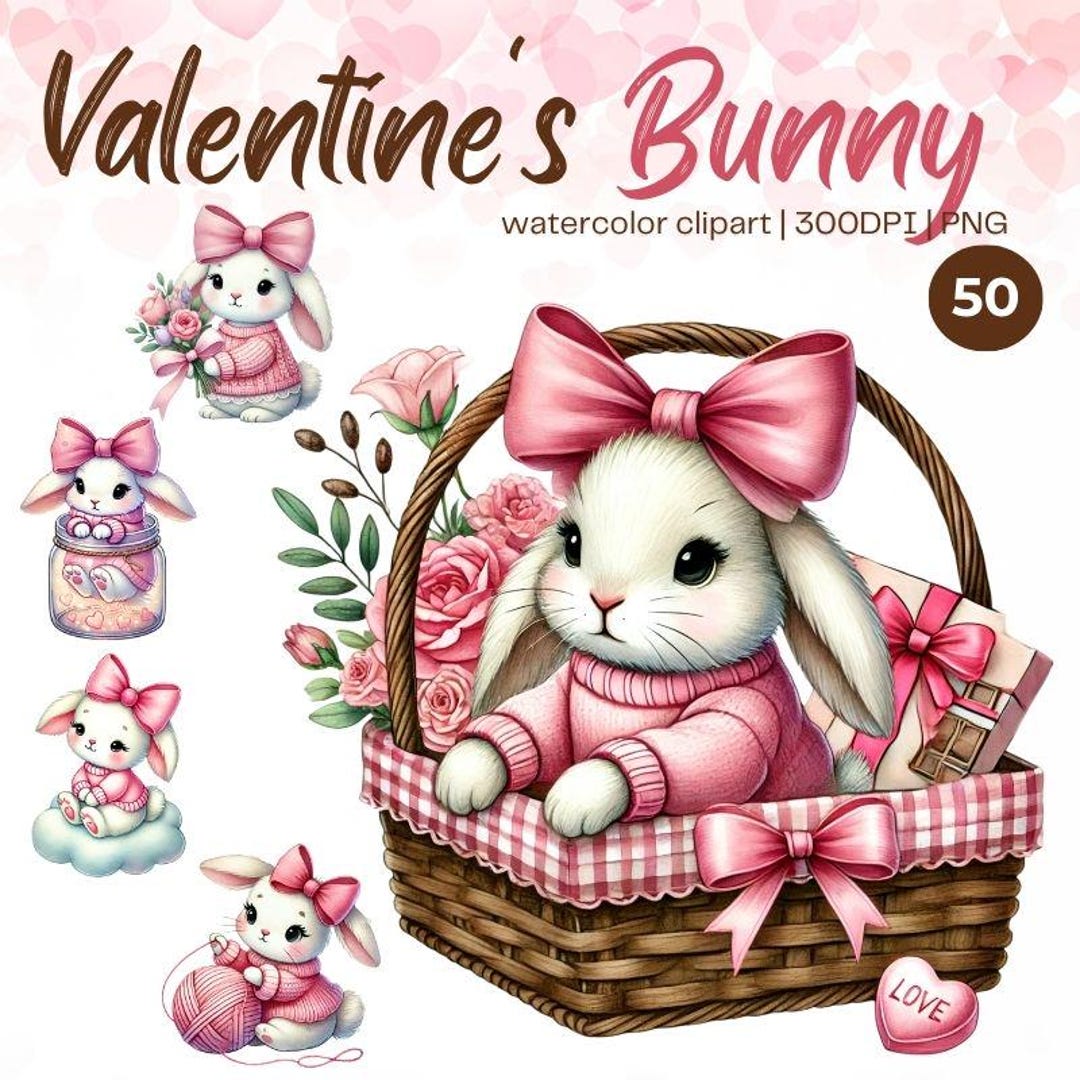 Valentine's Bunny Watercolor Clipart Cute Rabbit PNG 50 Digital ...