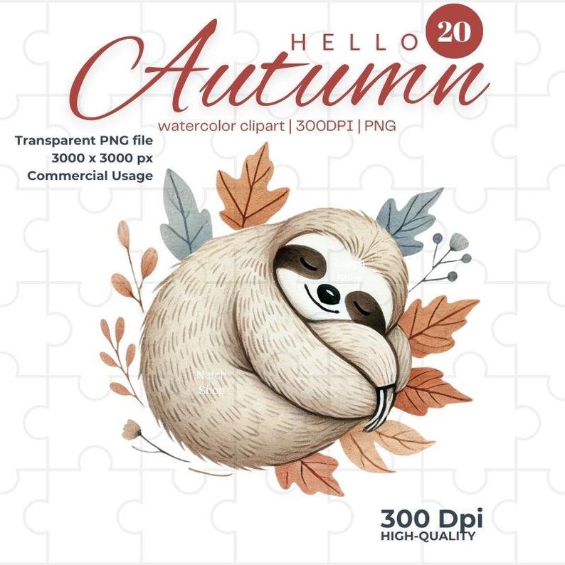 Sloth Autumn Watercolor Clipart Set, Fall Woodland Animals (PNG, 300DPI ...
