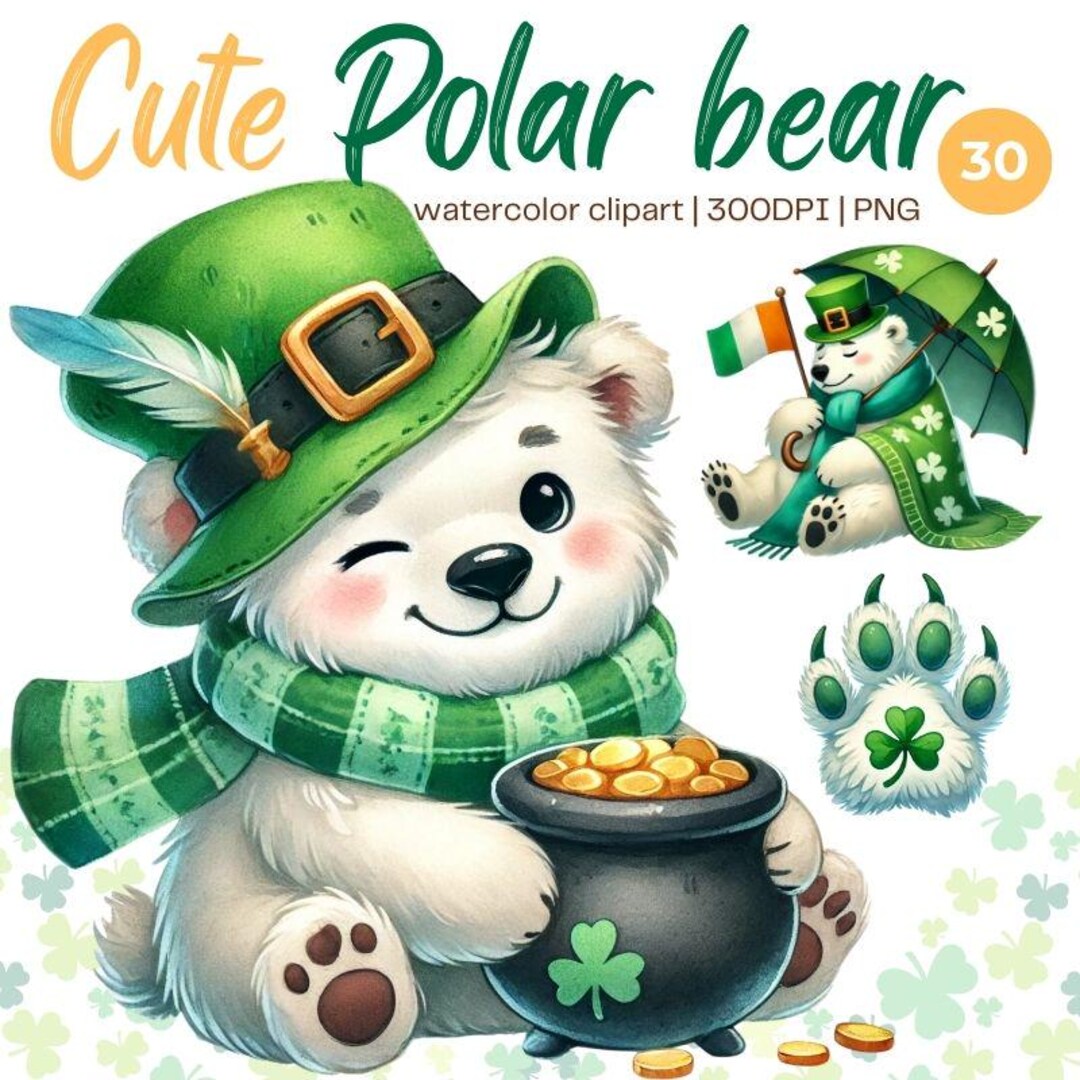 St. Patrick's Day Polar Bear Watercolor Clipart PNG Cute Irish Holiday ...