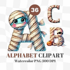 Mummy Alphabet Clipart Watercolor PNG Halloween Letters Cute Mummy for ...