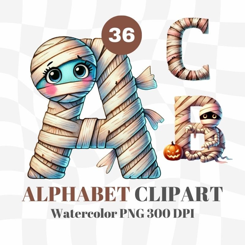 Mummy Alphabet Clipart Watercolor PNG Halloween Letters Cute Mummy for ...