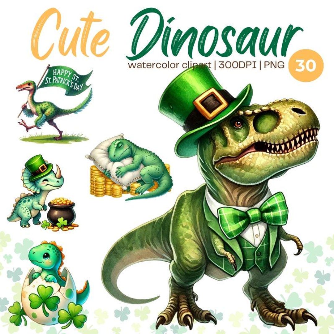 St. Patrick's Day Dinosaur Watercolor Clipart Cute Leprechaun Dino PNG ...