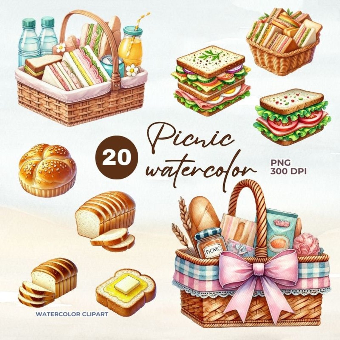 Watercolor Picnic Clipart, 28 Png Summer Picnic Basket, Spring Picnic ...