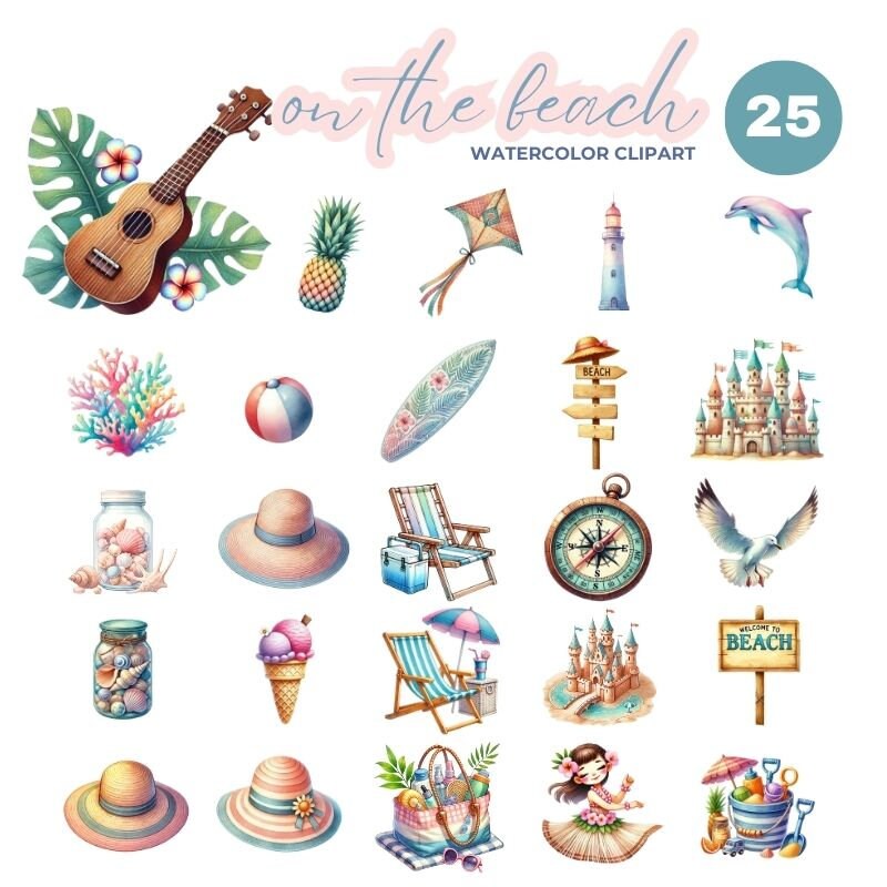 25 Watercolor Beach Clipart Set Summer Vacation Graphics Tropical ...