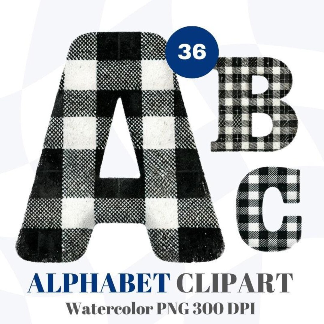 Buffalo Plaid Alphabet Clipart Set - 36 Black White Watercolor Letters ...